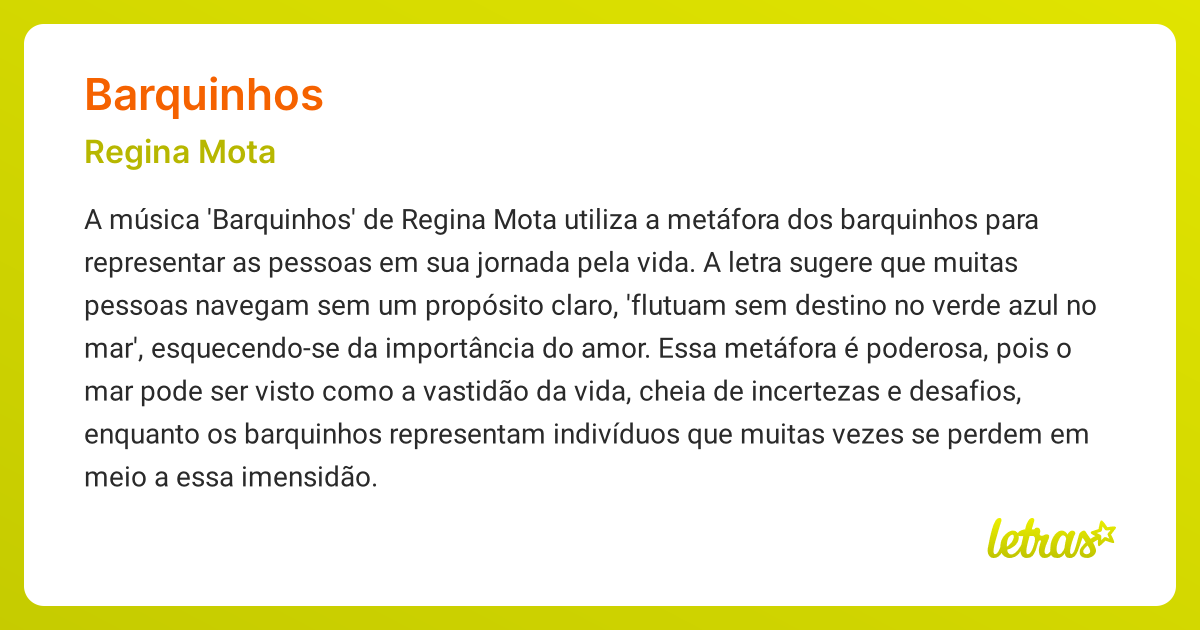 Significado da música BARQUINHOS (Regina Mota) - LETRAS.MUS.BR