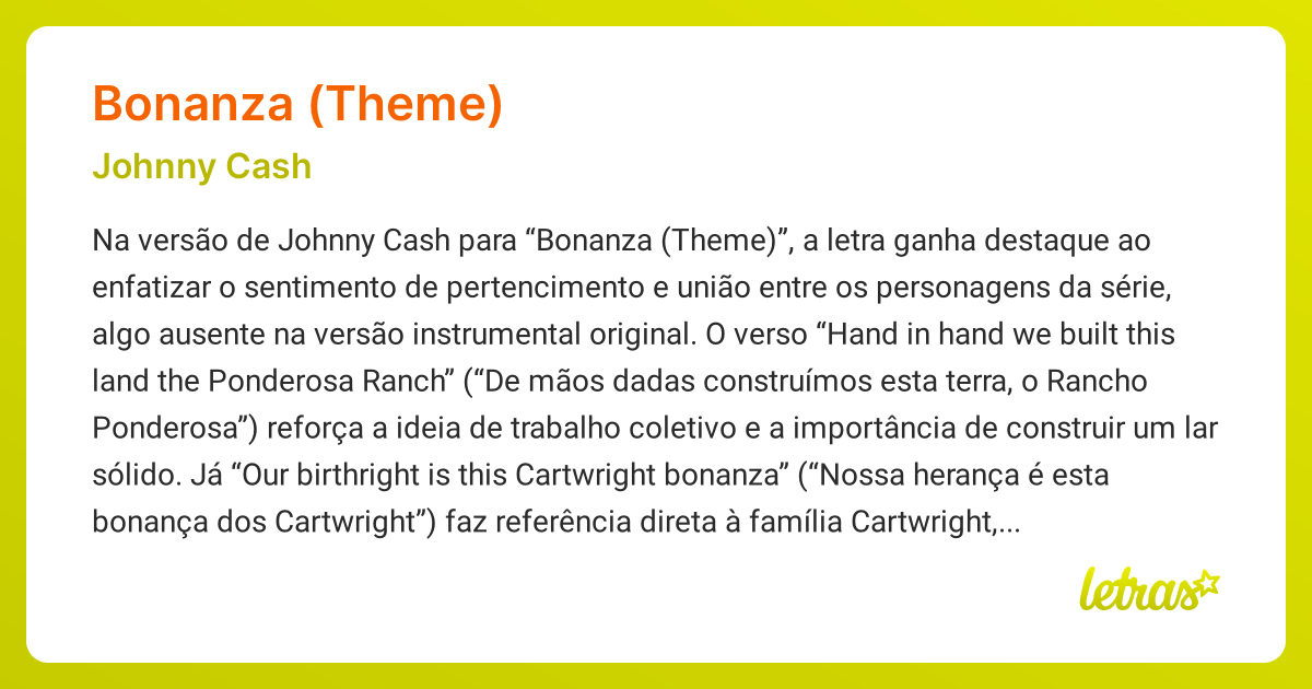 Significado da música BONANZA (THEME) (Johnny Cash) - LETRAS.MUS.BR