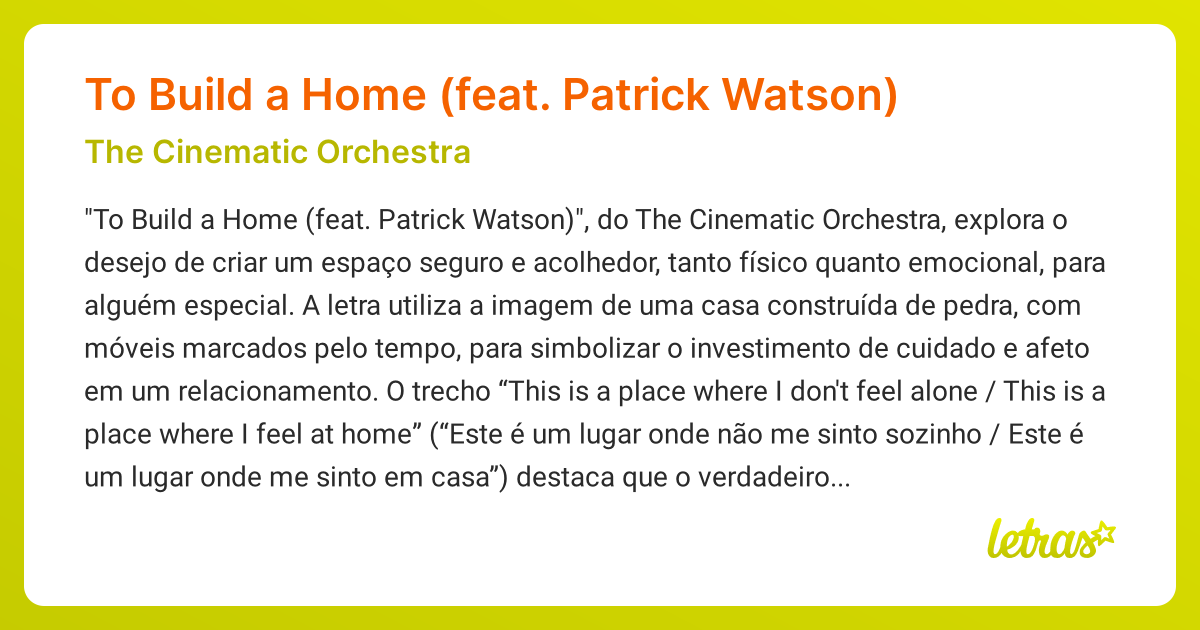 Significado da música To Build a Home (feat. Patrick Watson) (The ...