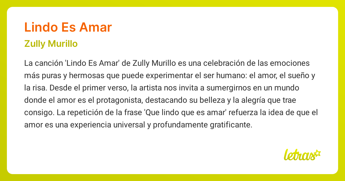 Significado de la canción LINDO ES AMAR (Zully Murillo) - LETRAS.COM