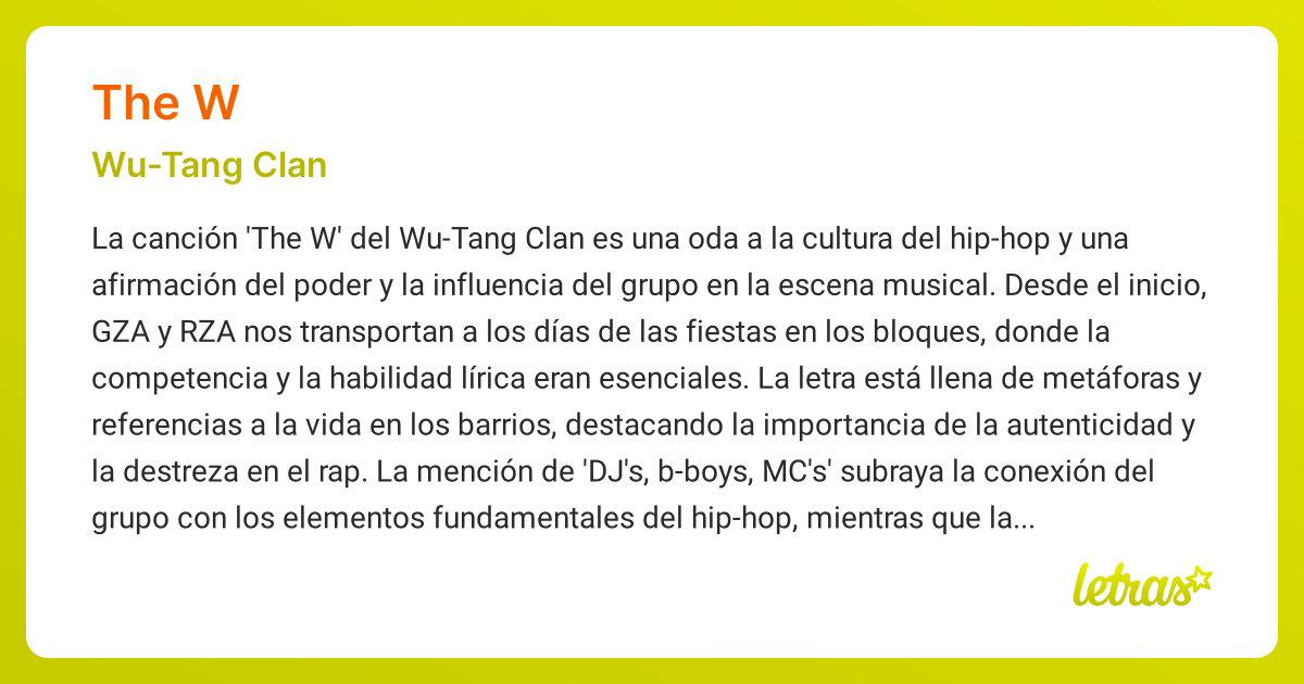 Significado de la canción THE W (Wu-Tang Clan) - LETRAS.COM