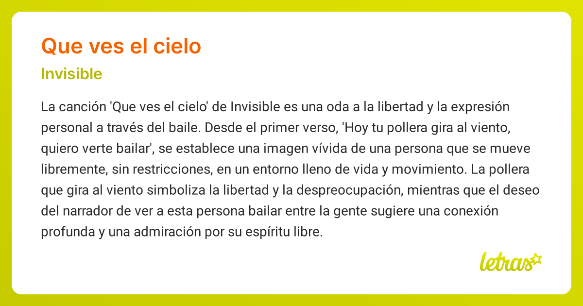 Significado de la canción QUE VES EL CIELO (Invisible) - LETRAS.COM