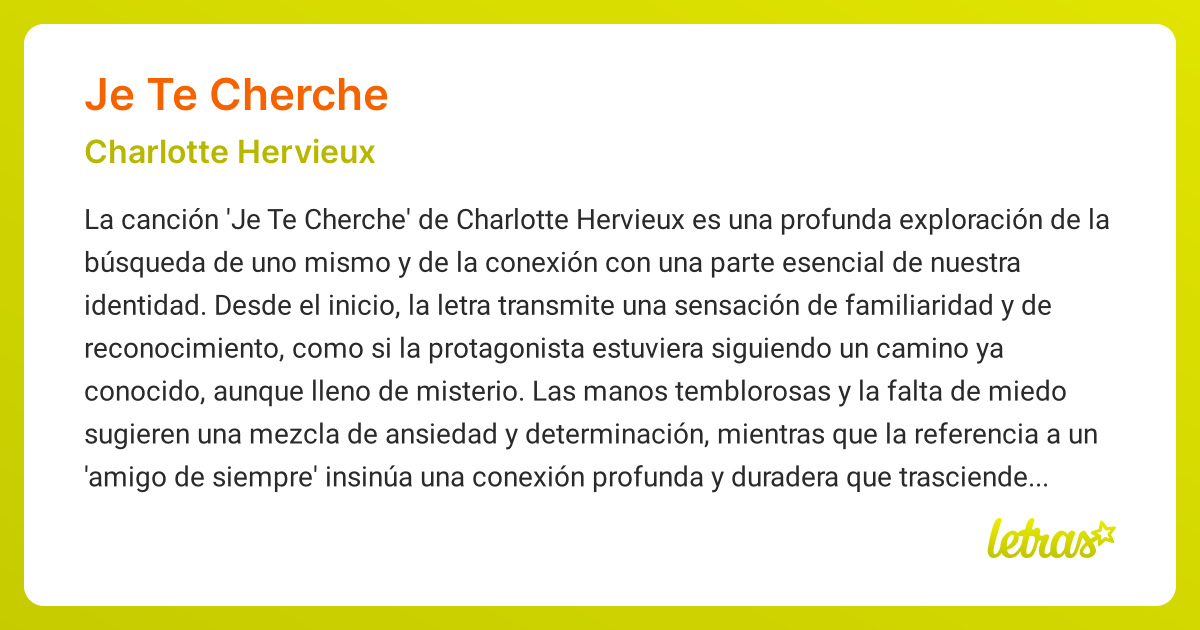 Significado de la canción JE TE CHERCHE (Charlotte Hervieux) - LETRAS.COM
