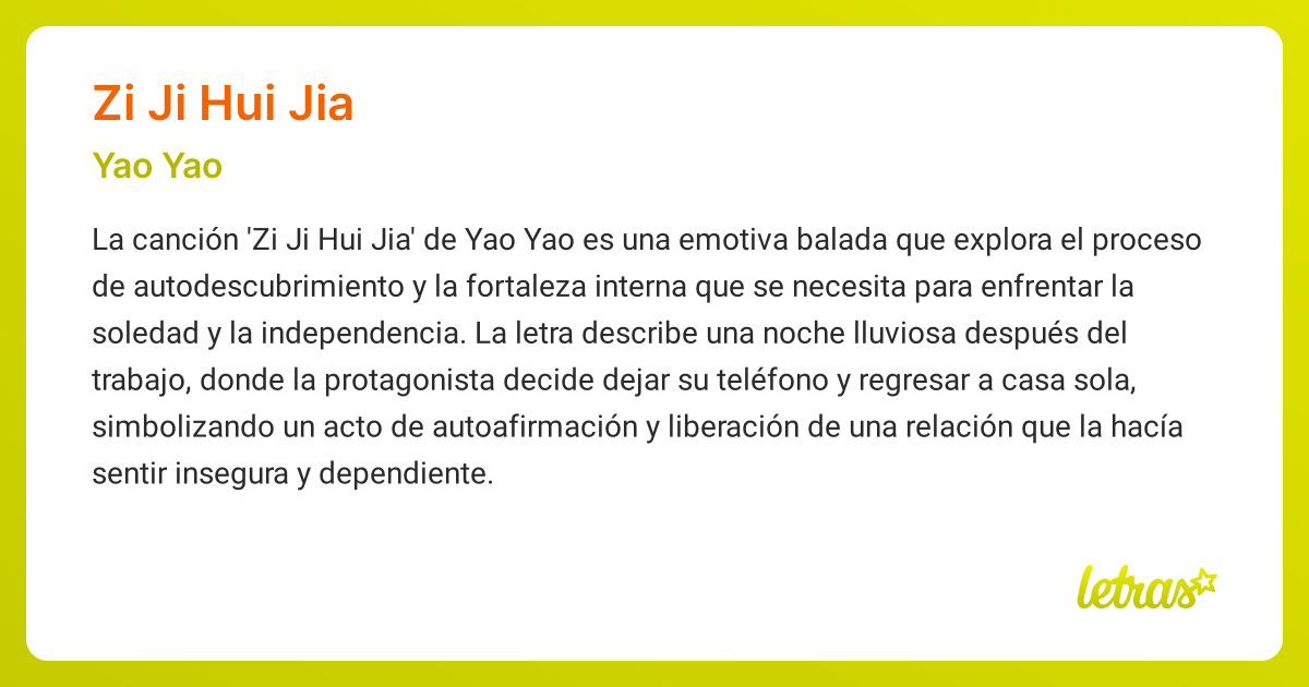 Significado de la canción ZI JI HUI JIA (Yao Yao) - LETRAS.COM