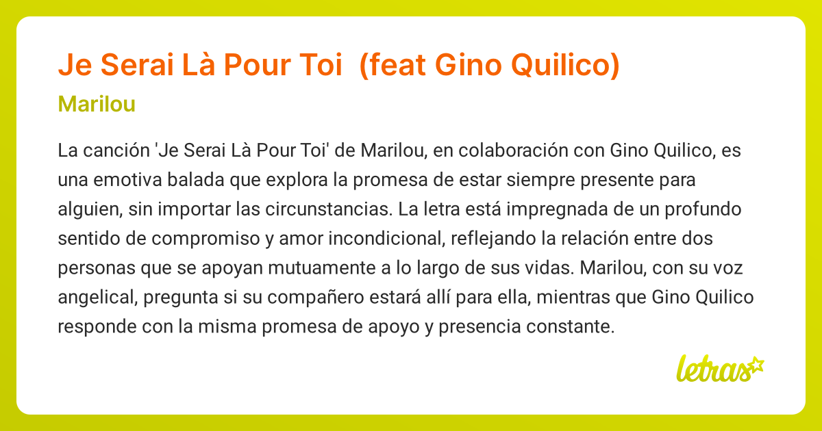 Significado de la canción Je Serai Là Pour Toi (feat Gino Quilico ...