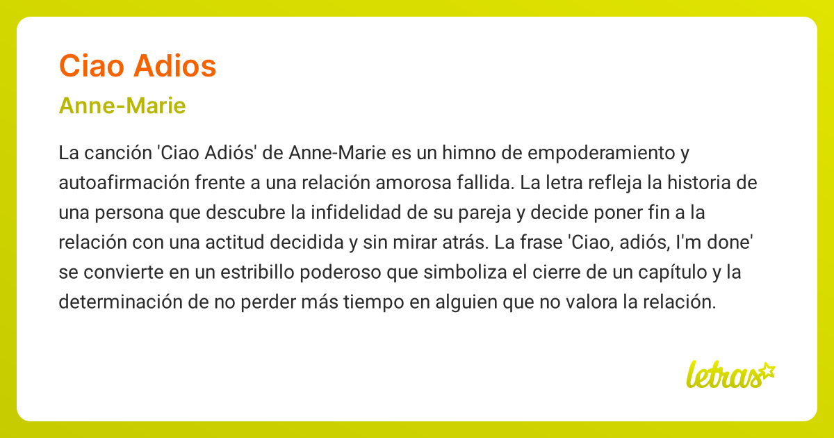 Significado de la canción CIAO ADIOS (Anne-Marie) - LETRAS.COM