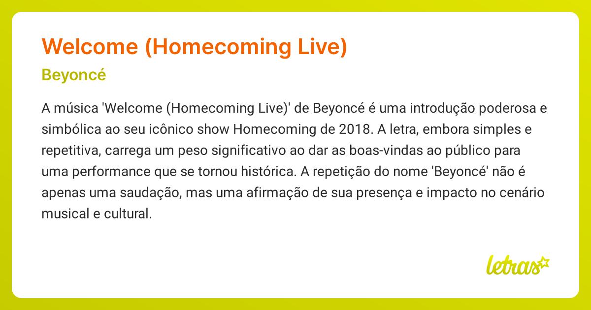 Significado Da Música Welcome Homecoming Live Beyoncé Letras Mus Br