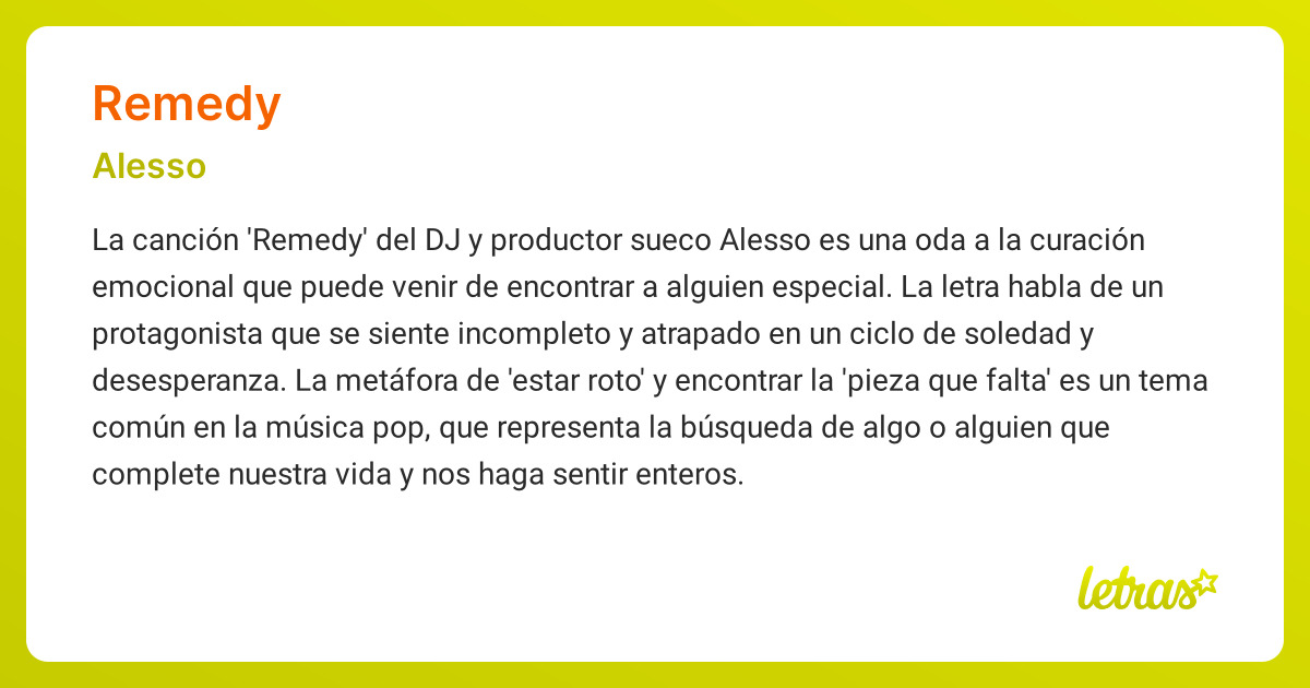 Significado de la canción REMEDY (Alesso) - LETRAS.COM