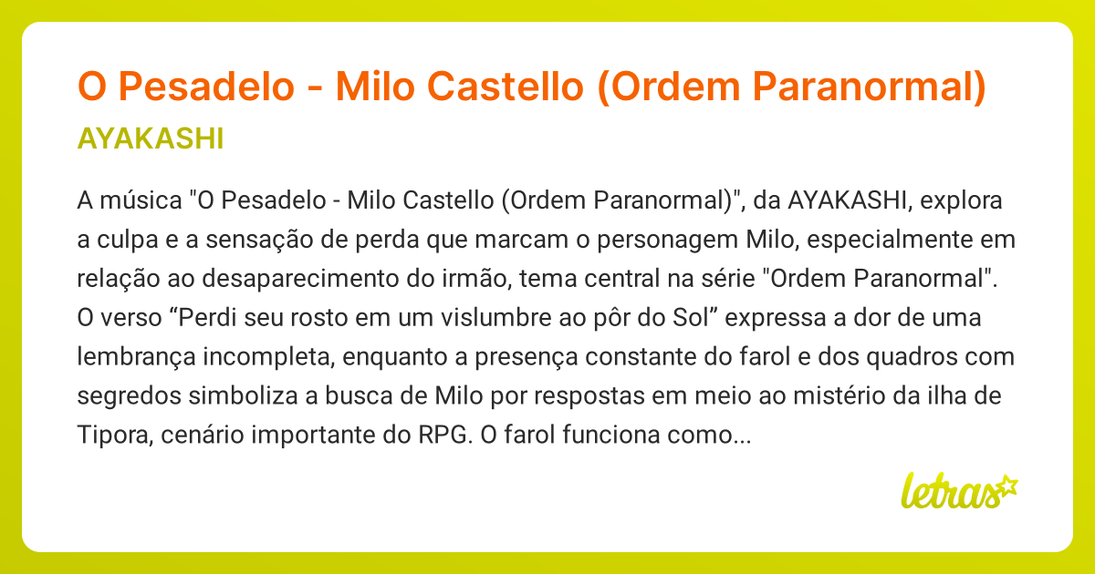 Significado da música O Pesadelo - Milo Castello (Ordem Paranormal) (AYAKASHI) - LETRAS.MUS.BR