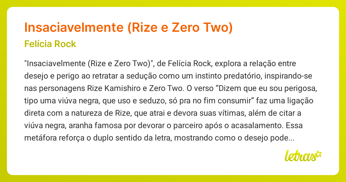 Significado da música Insaciavelmente (Rize e Zero Two) (Felícia Rock ...