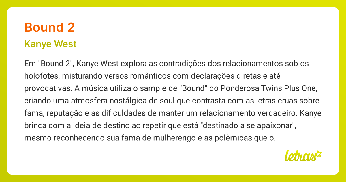 Significado da música BOUND 2 (Kanye West) - LETRAS.MUS.BR