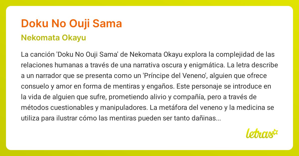 Significado de la canción DOKU NO OUJI SAMA (Nekomata Okayu) - LETRAS.COM