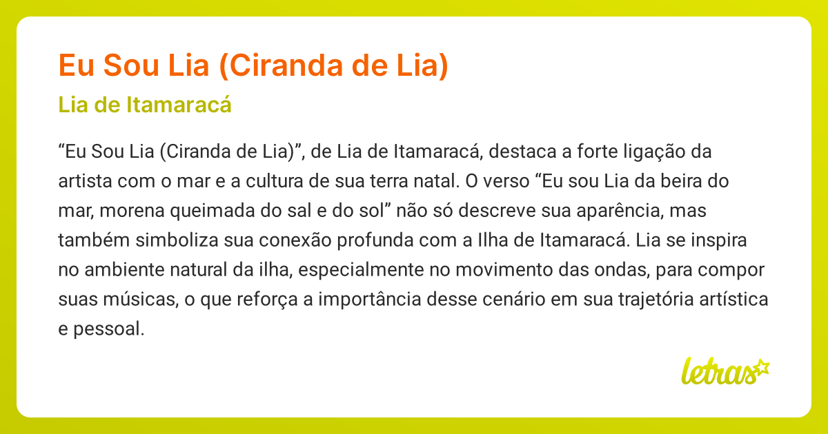 Significado da música EU SOU LIA (CIRANDA DE LIA) (Lia de Itamaracá) - LETRAS.MUS.BR