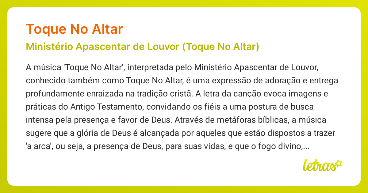 Significado da música TOQUE NO ALTAR (Ministério Apascentar de Louvor ...