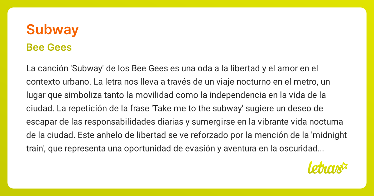 Significado de la canción SUBWAY (Bee Gees) - LETRAS.COM
