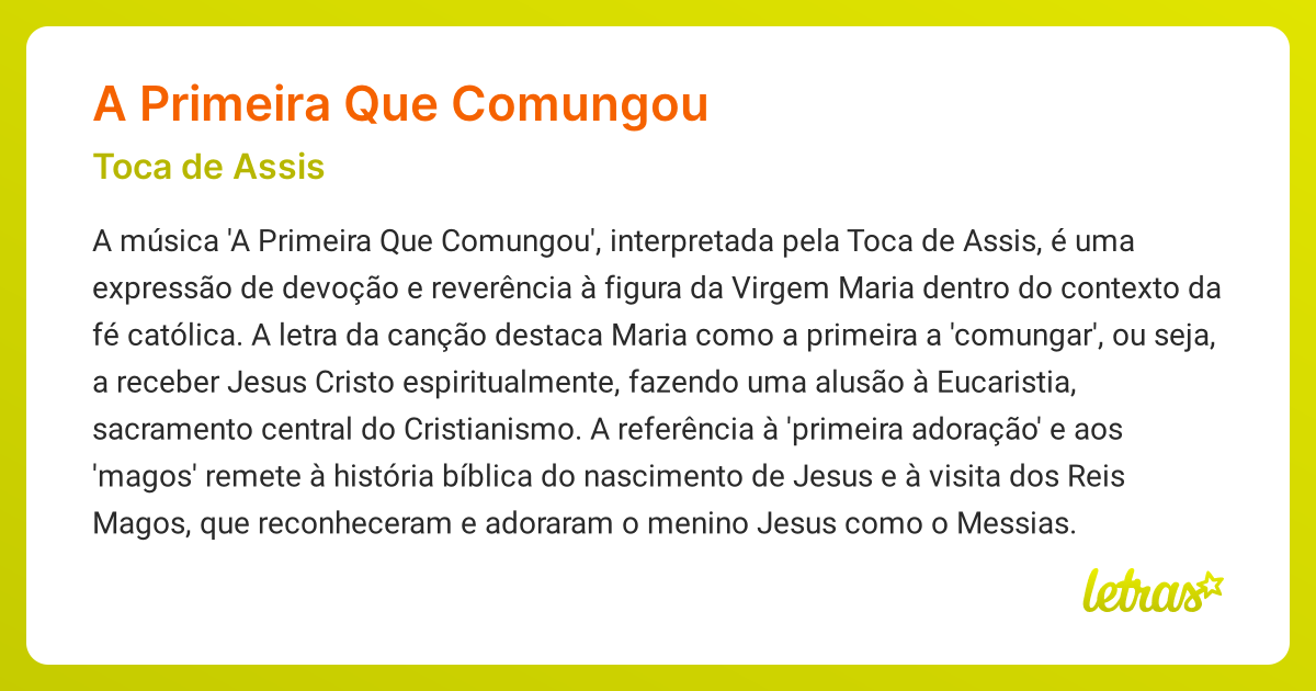 Significado da música A PRIMEIRA QUE COMUNGOU (Toca de Assis) - LETRAS ...