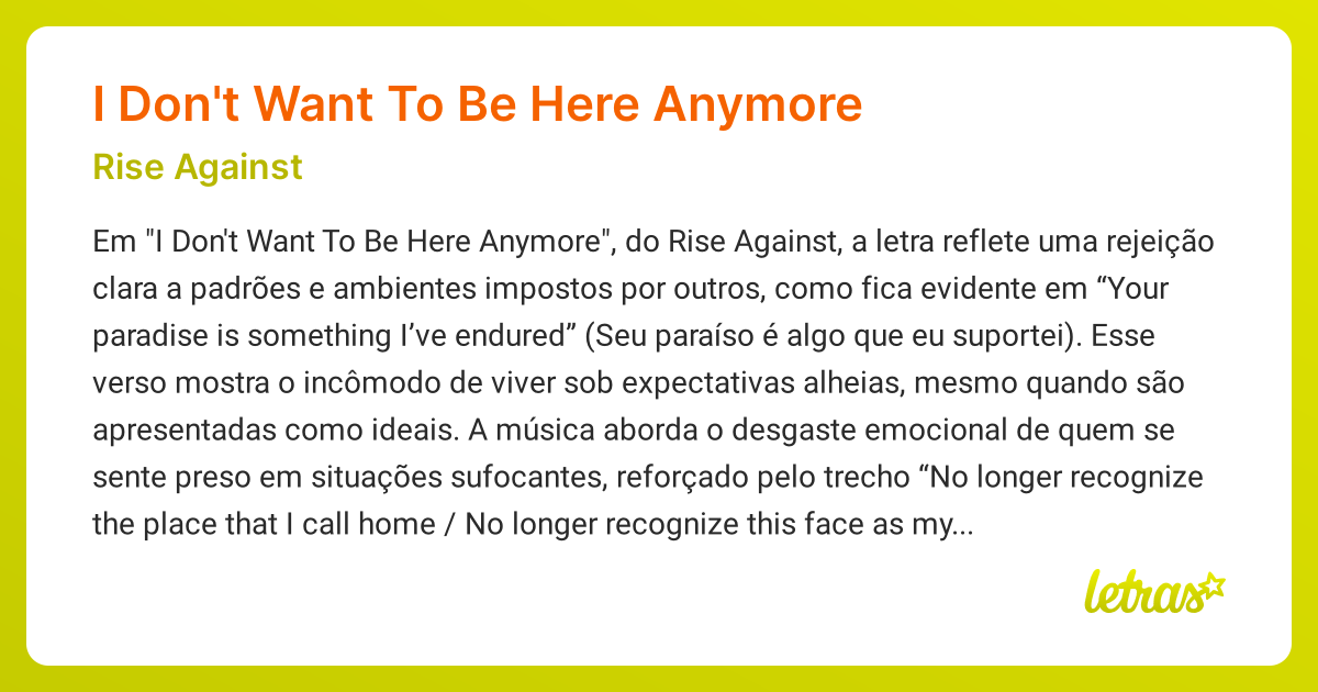 Significado da música I Don't Want To Be Here Anymore (Rise Against ...