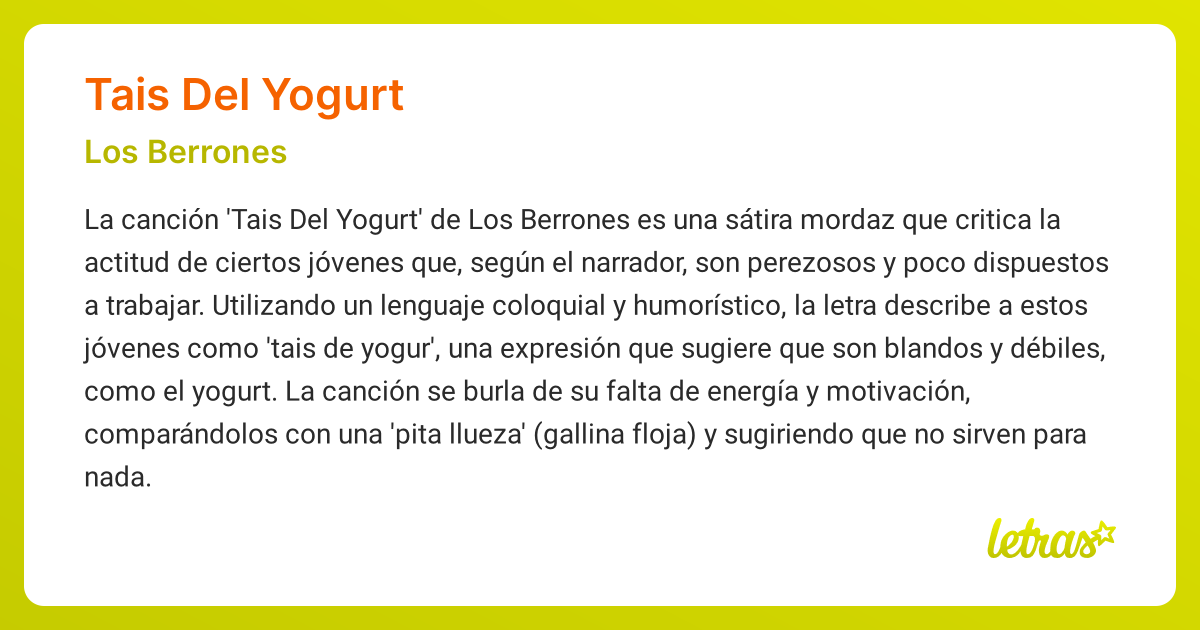 Significado de la canción TAIS DEL YOGURT (Los Berrones) - LETRAS.COM