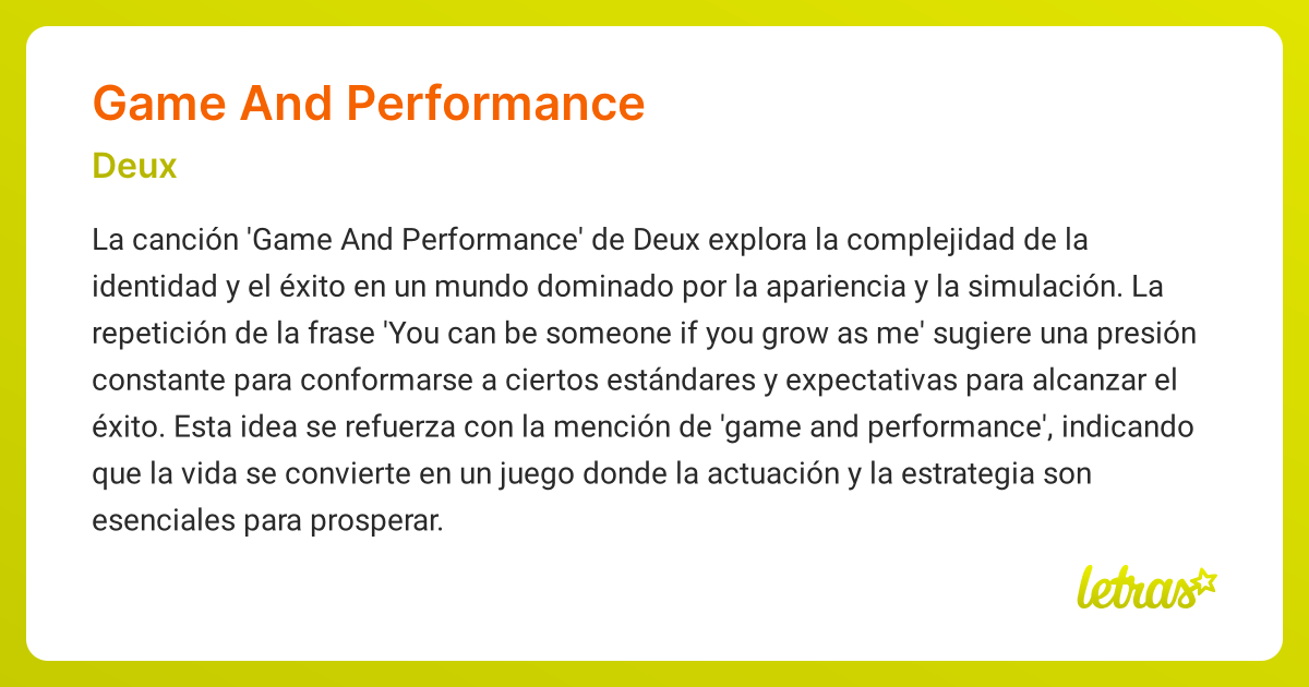Significado de la canción GAME AND PERFORMANCE (Deux) - LETRAS.COM