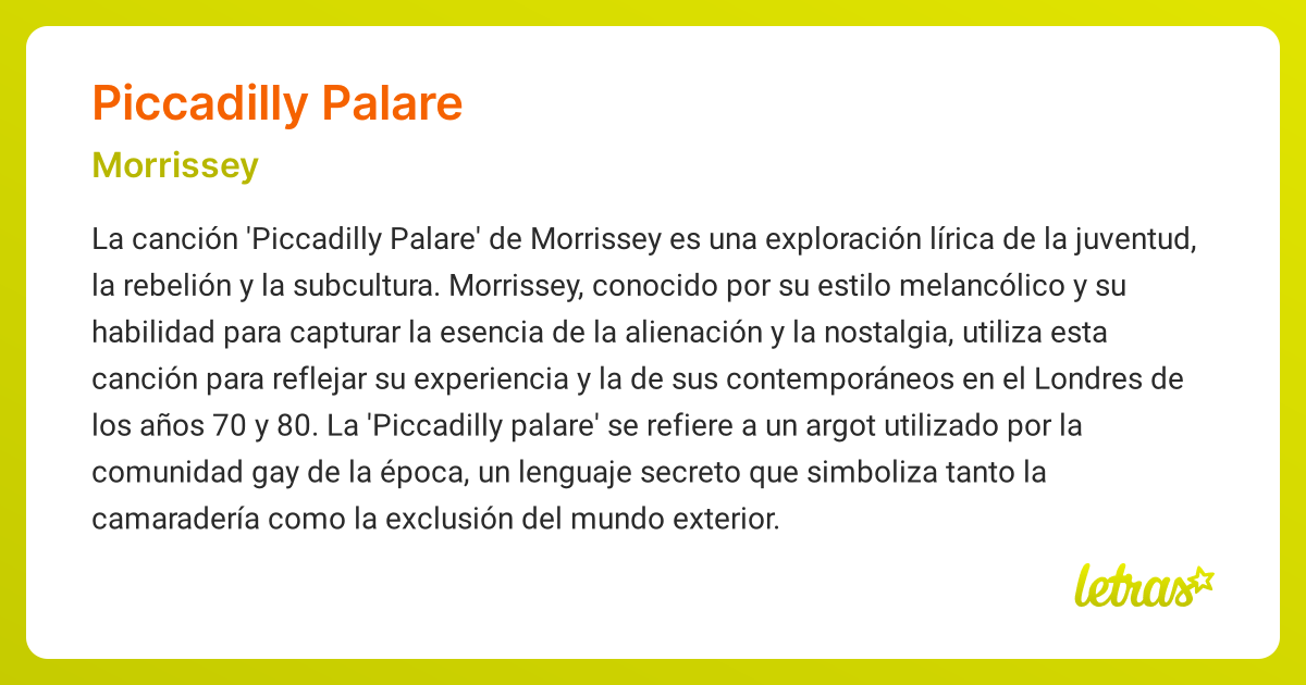 Significado de la canción PICCADILLY PALARE (Morrissey) - LETRAS.COM