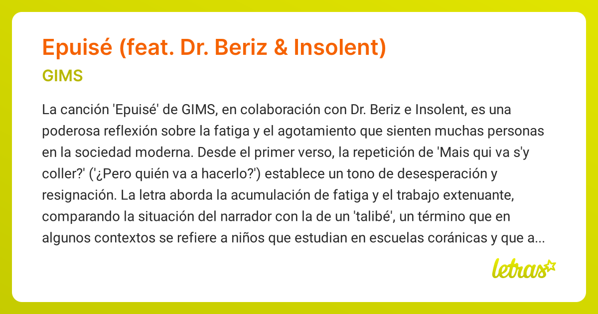 Significado de la canción Epuisé (feat. Dr. Beriz & Insolent) (GIMS ...