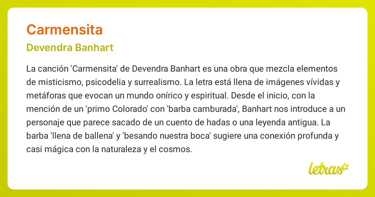 Significado de la canción CARMENSITA (Devendra Banhart) - LETRAS.COM