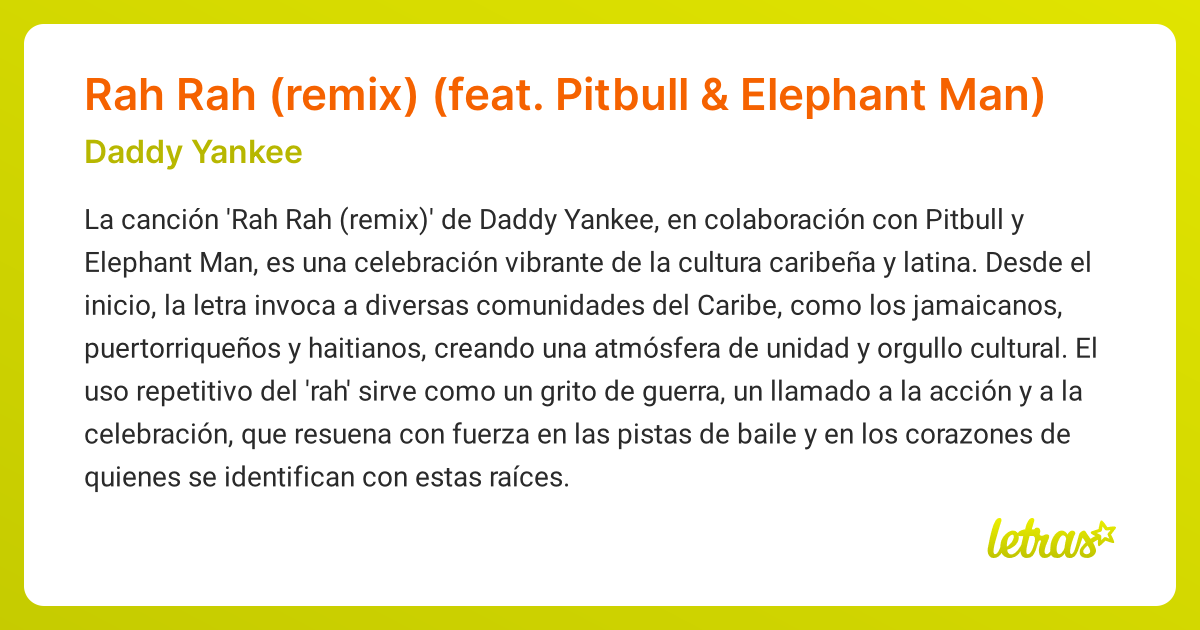 Significado de la canción Rah Rah (remix) (feat. Pitbull & Elephant Man ...