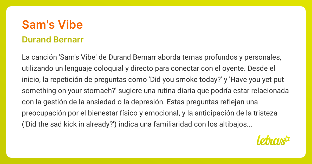 Significado de la canción SAM'S VIBE (Durand Bernarr) - LETRAS.COM