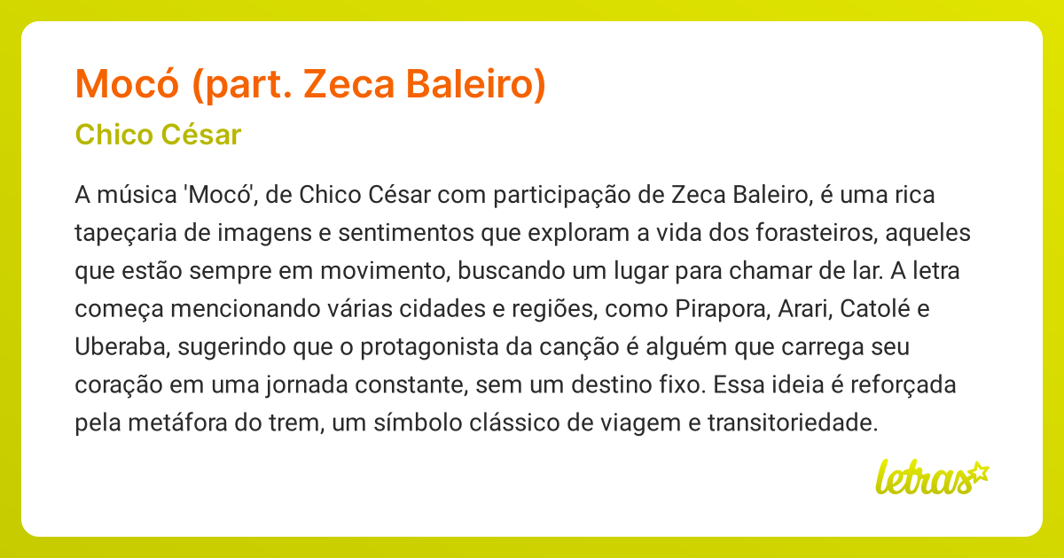 Significado da música MOCÓ (PART. ZECA BALEIRO) (Chico César) - LETRAS.MUS.BR
