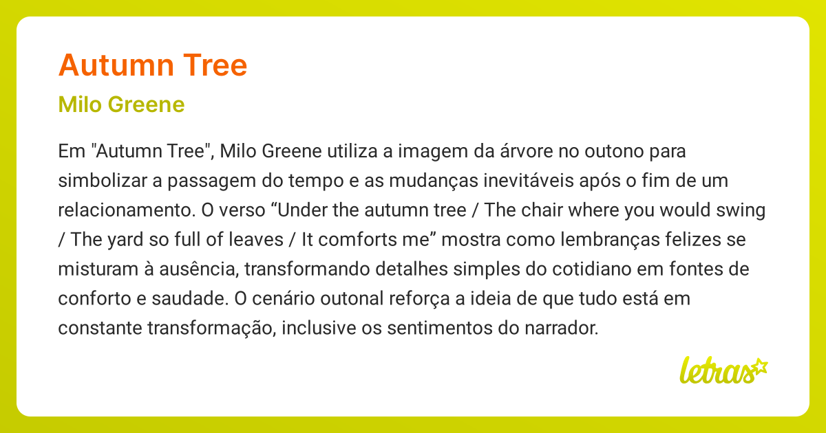 Significado da música AUTUMN TREE (Milo Greene) - LETRAS.MUS.BR