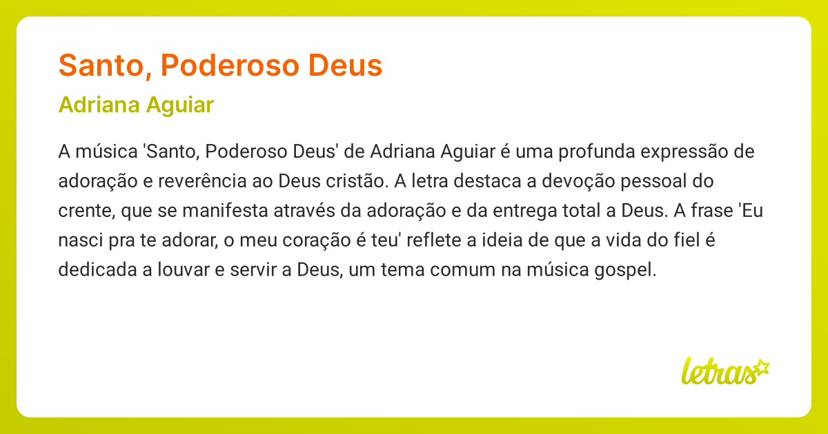 Significado da música SANTO, PODEROSO DEUS (Adriana Aguiar) - LETRAS.MUS.BR