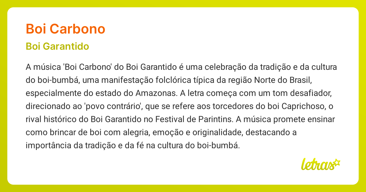 Significado da música BOI CARBONO (Boi Garantido) - LETRAS.MUS.BR