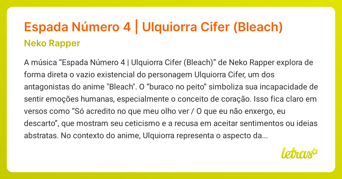 Significado da música Espada Número 4 | Ulquiorra Cifer (Bleach) (Neko ...