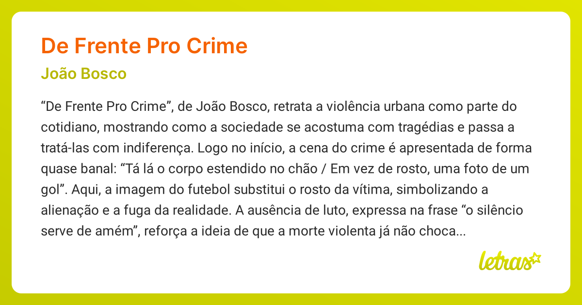 Significado da música DE FRENTE PRO CRIME (João Bosco) - LETRAS.MUS.BR