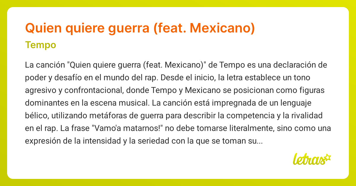 Significado de la canción Quien quiere guerra (feat. Mexicano) (Tempo ...