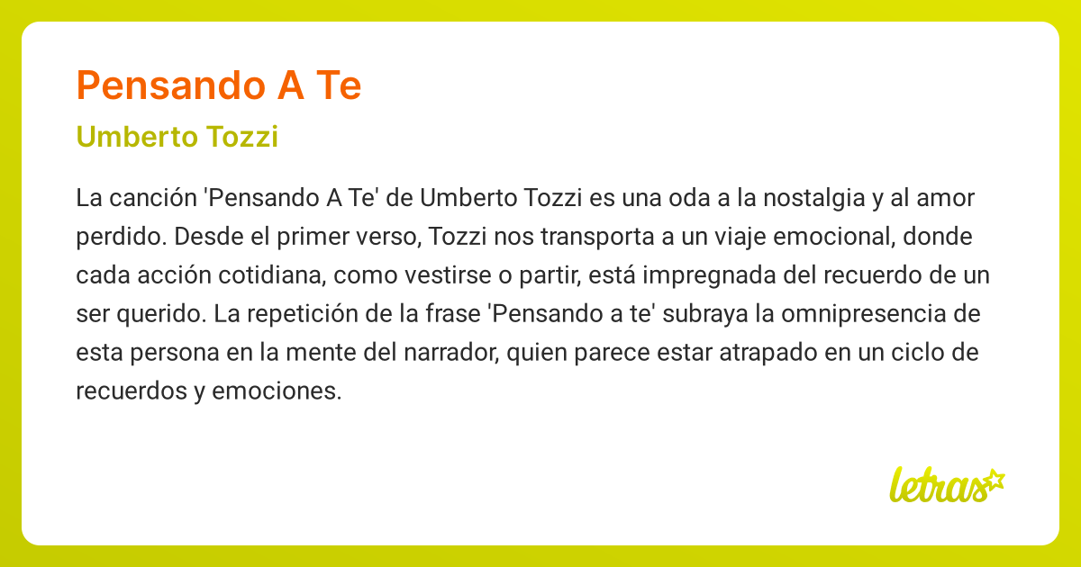 Significado de la canción PENSANDO A TE (Umberto Tozzi) - LETRAS.COM