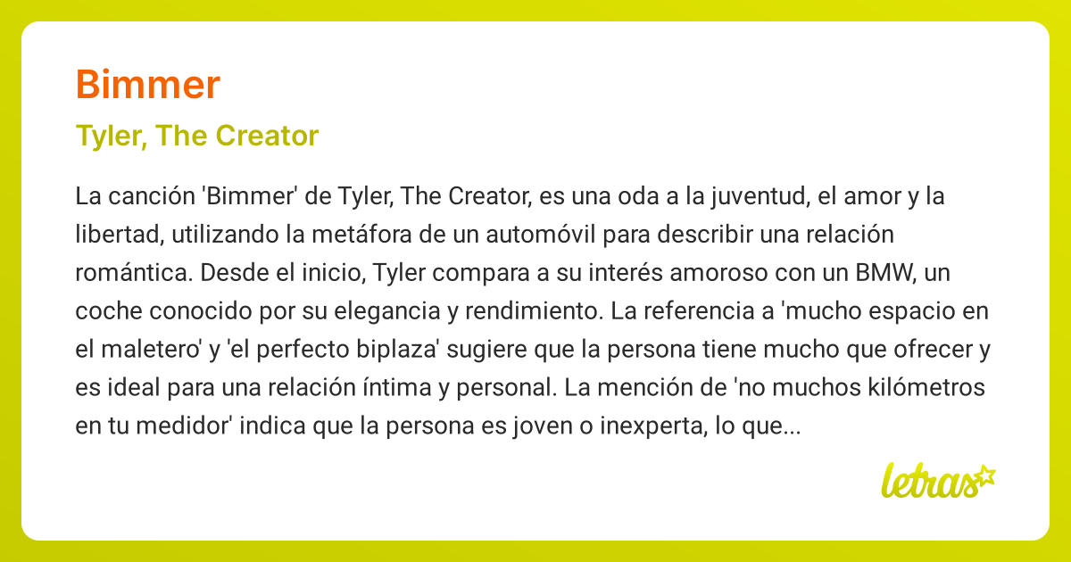 Significado de la canción BIMMER (Tyler, The Creator) - LETRAS.COM