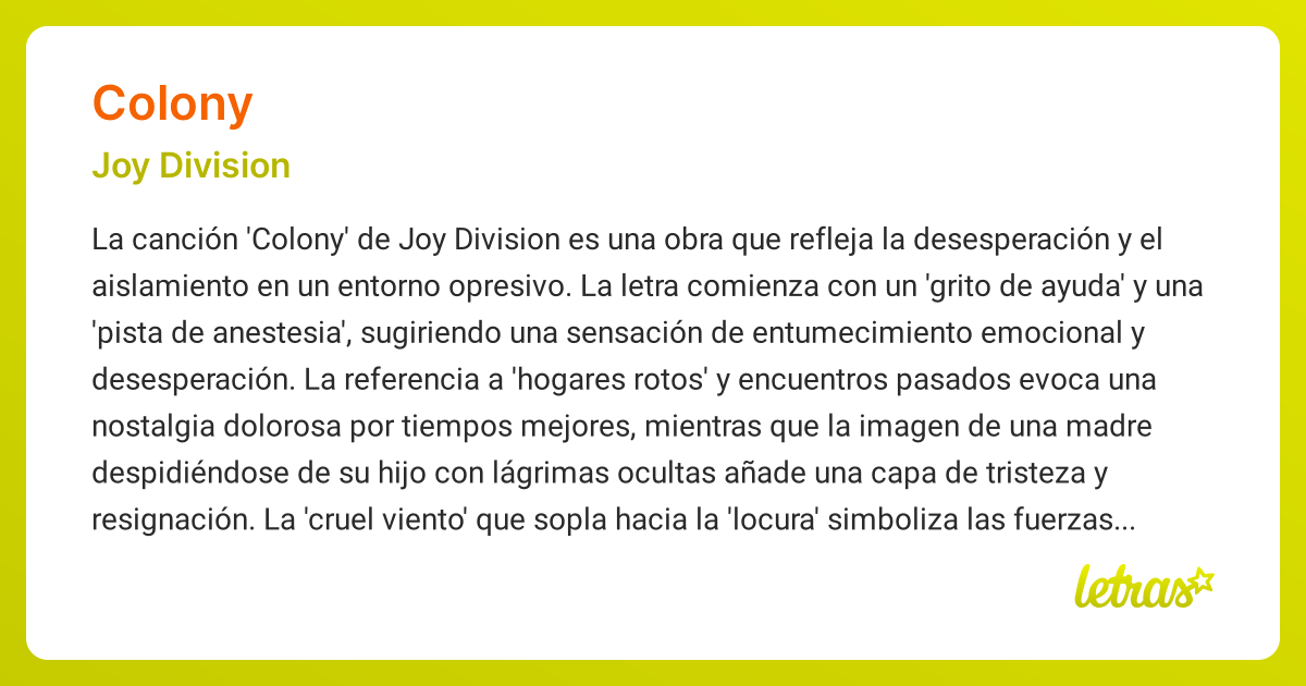 Significado de la canción COLONY (Joy Division) - LETRAS.COM