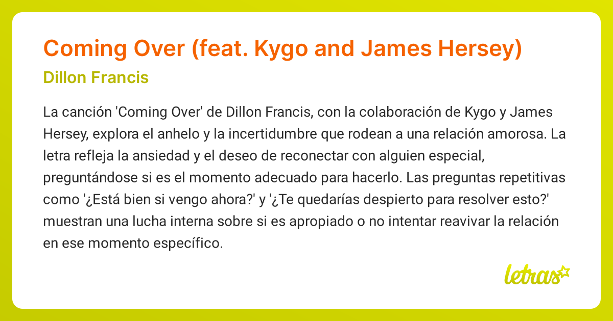 Significado de la canción Coming Over (feat. Kygo and James Hersey ...