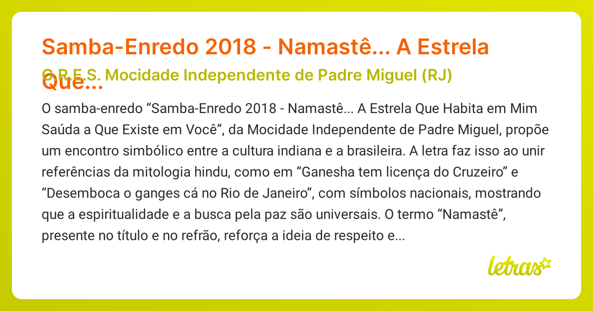 Significado da música Samba-Enredo 2018 - Namastê... A Estrela Que ...