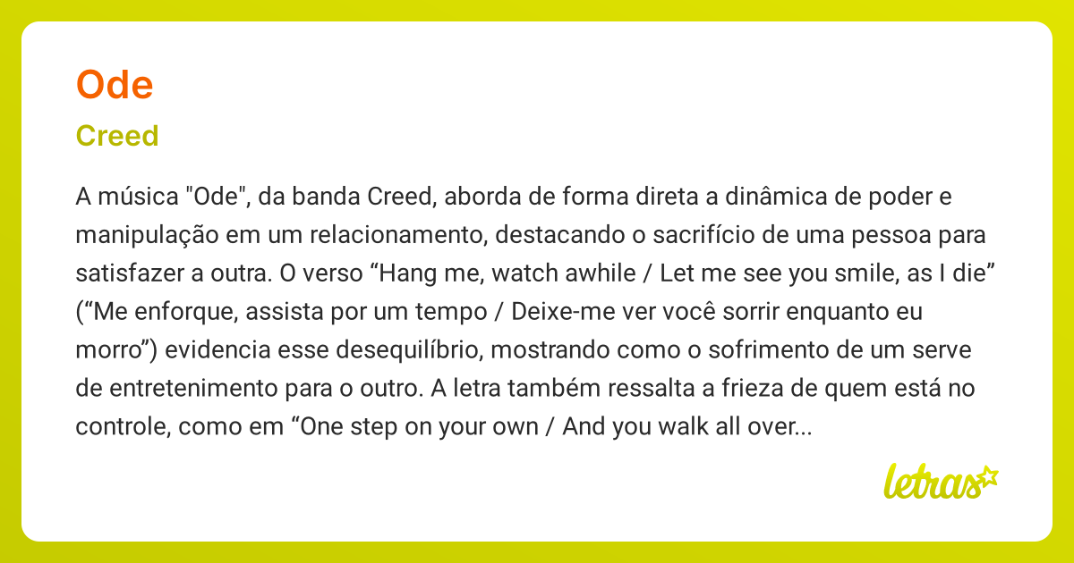Significado da música ODE (Creed) - LETRAS.MUS.BR