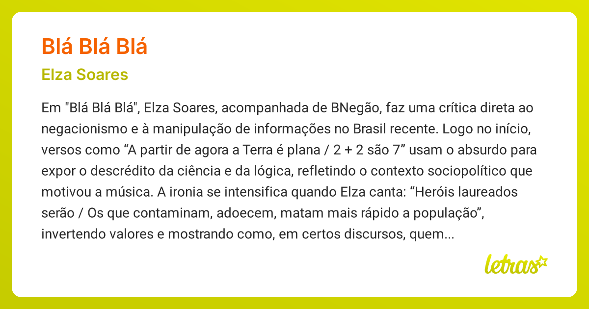 Significado da música BLÁ BLÁ BLÁ (Elza Soares) - LETRAS.MUS.BR