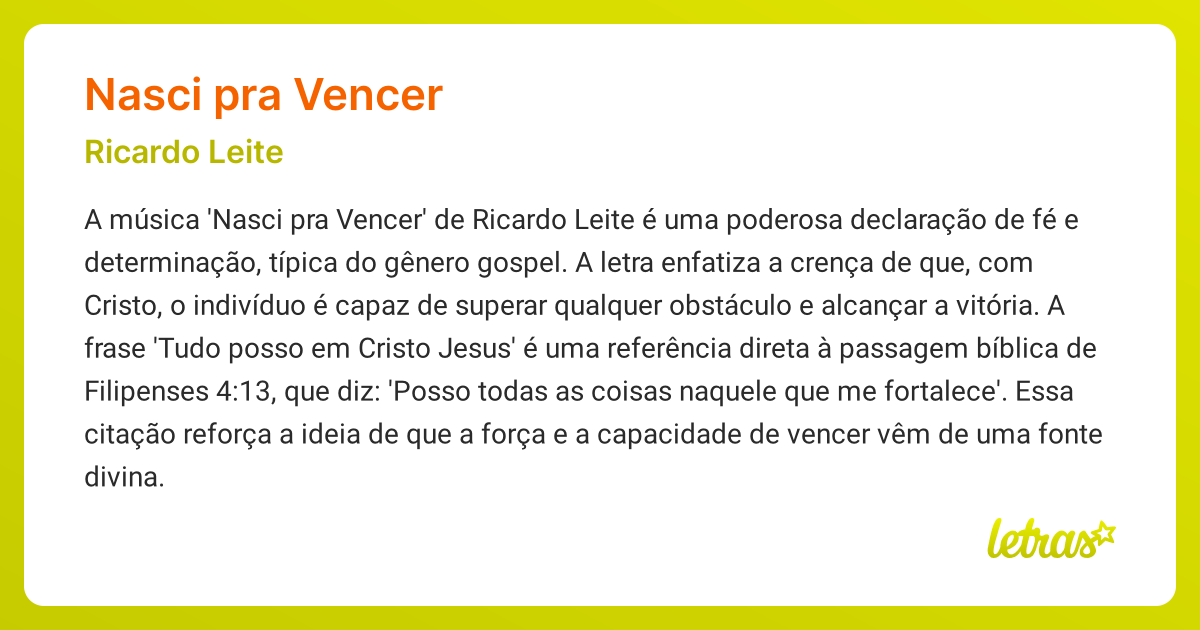 Significado da música NASCI PRA VENCER (Ricardo Leite) - LETRAS.MUS.BR