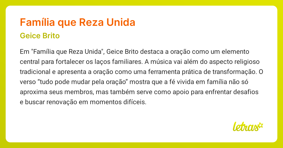 Significado da música FAMÍLIA QUE REZA UNIDA (Geice Brito) - LETRAS.MUS.BR