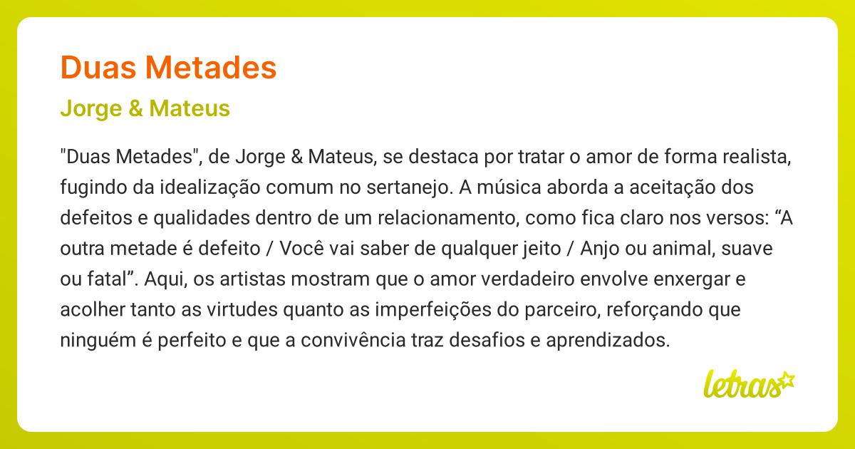 Significado da música DUAS METADES (Jorge & Mateus) - LETRAS.MUS.BR