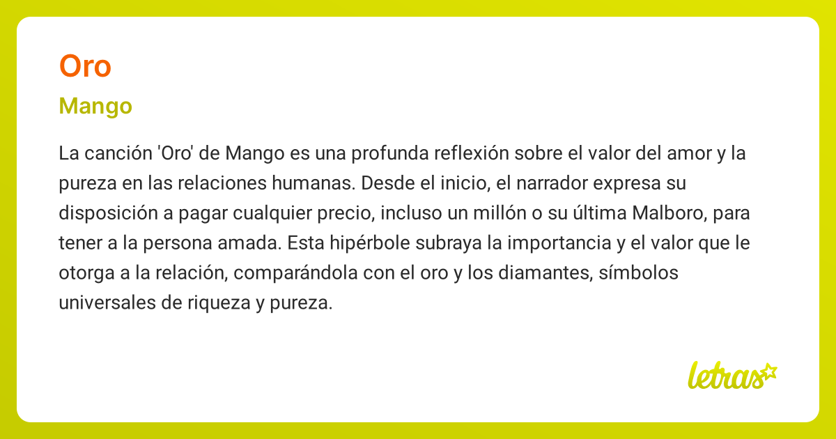 Significado de la canción ORO (Mango) - LETRAS.COM