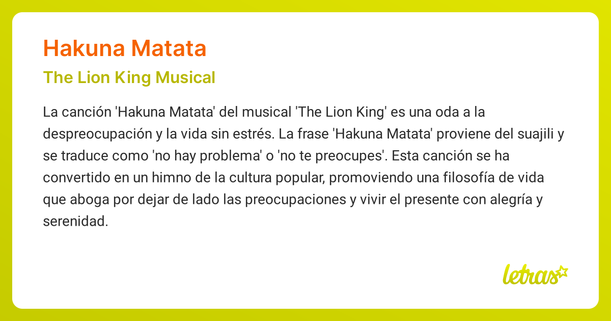 Significado de la canción HAKUNA MATATA (The Lion King Musical) - LETRAS.COM