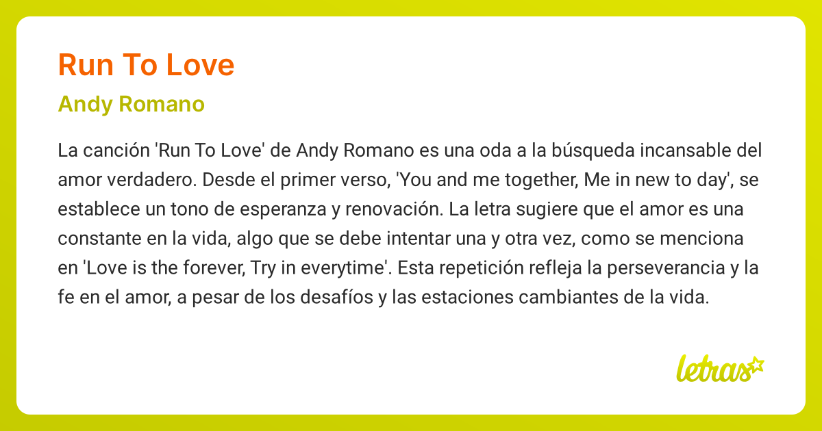 Significado de la canción RUN TO LOVE (Andy Romano) - LETRAS.COM
