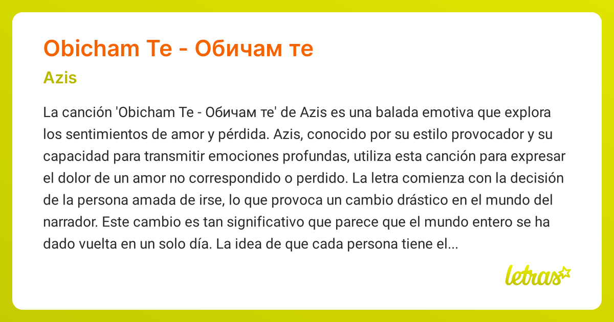 Significado de la canción OBICHAM TE - ОБИЧАМ ТЕ (Azis) - LETRAS.COM
