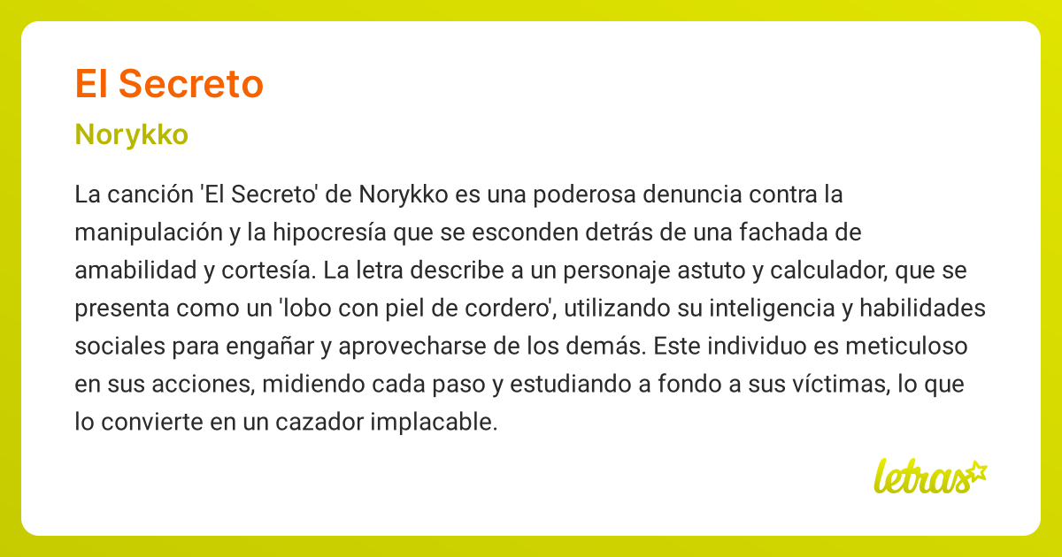 Significado de la canción EL SECRETO (Norykko) - LETRAS.COM